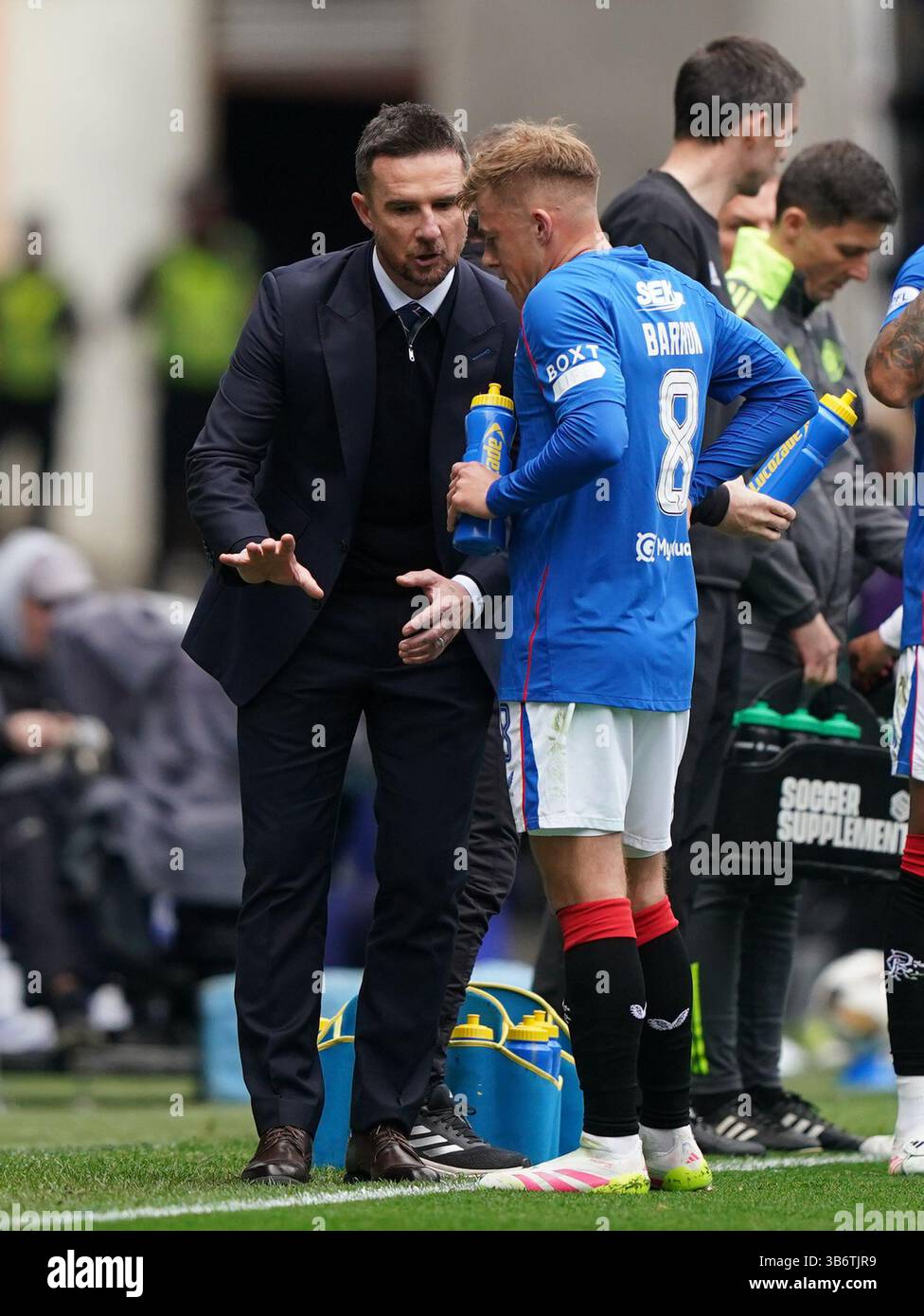 Rangers interim manager Barry Ferguson speaks with Connor Barron during ...