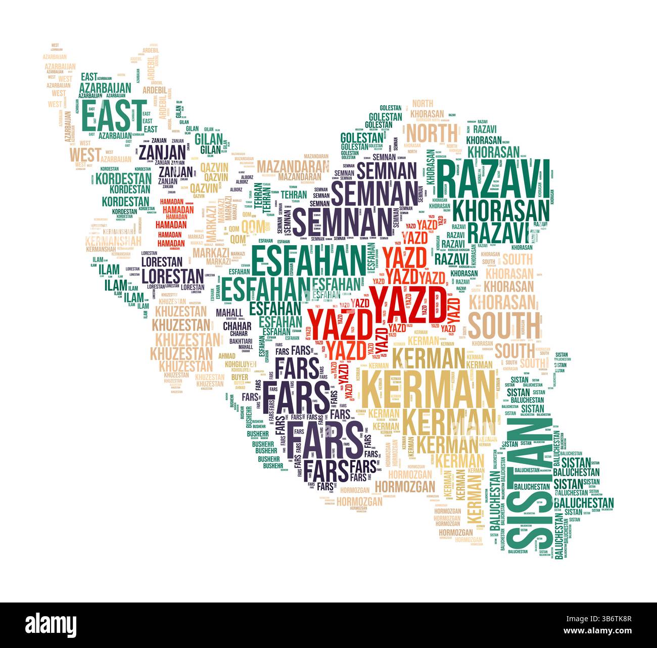 Iran Word Cloud. Country shape with region division. Iran typography ...