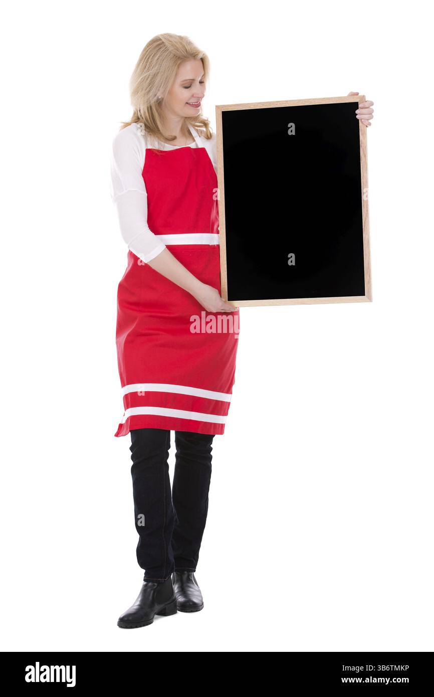 Blond woman wearing red apron on white isolated background, Toronto ...