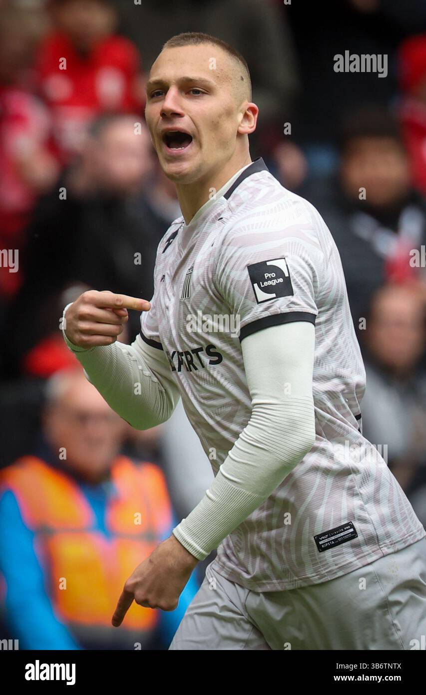 Liege, Belgium. 04th May, 2025. Charleroi's Nikola Stulic celebrates ...