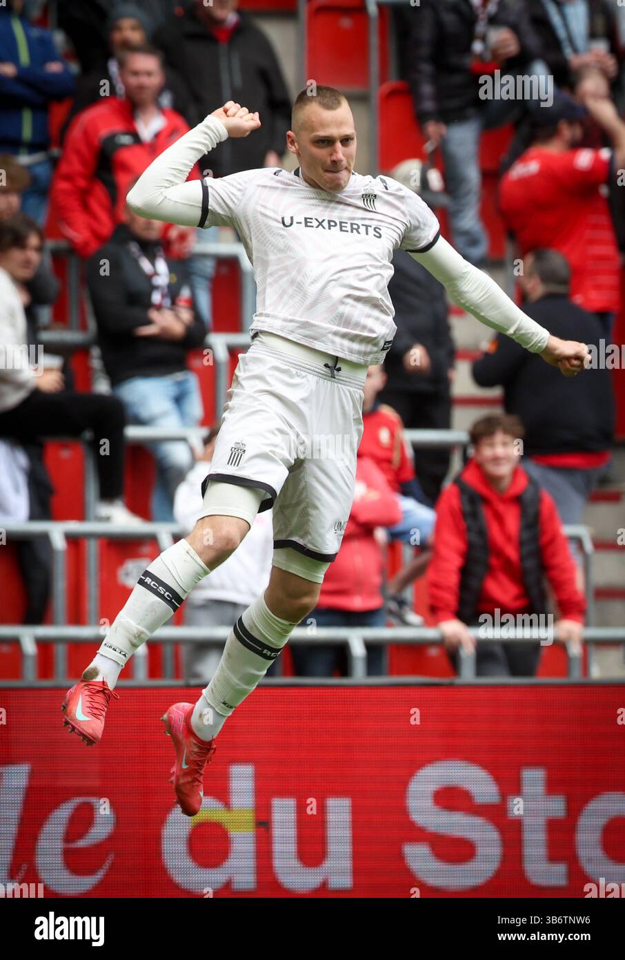 Liege, Belgium. 04th May, 2025. Charleroi's Nikola Stulic celebrates ...