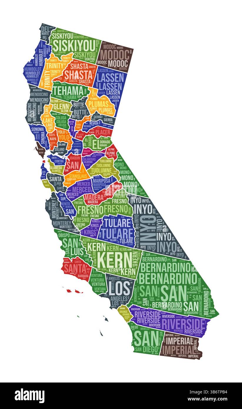 California shape. State word cloud with county division. California ...