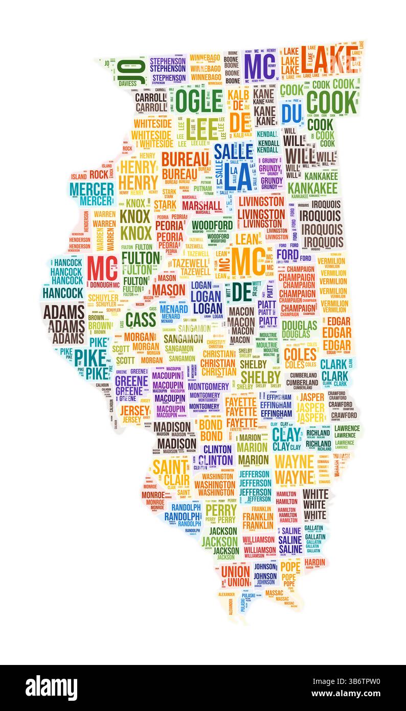 Illinois county word cloud. State shape design. Illinois colored ...