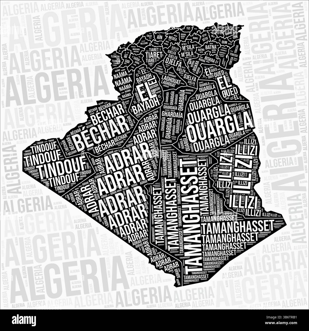 Algeria regions map word cloud. Algeria region names. Black and white ...