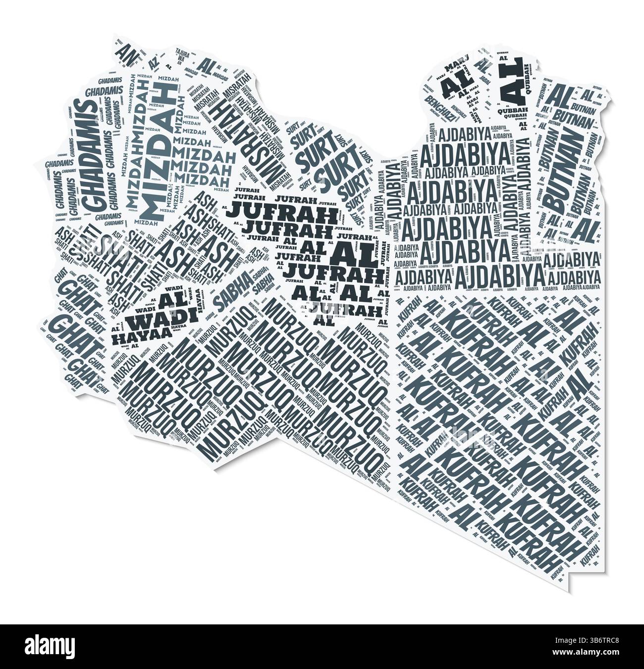 Libya shape text cloud. Country border with shadow on white background ...