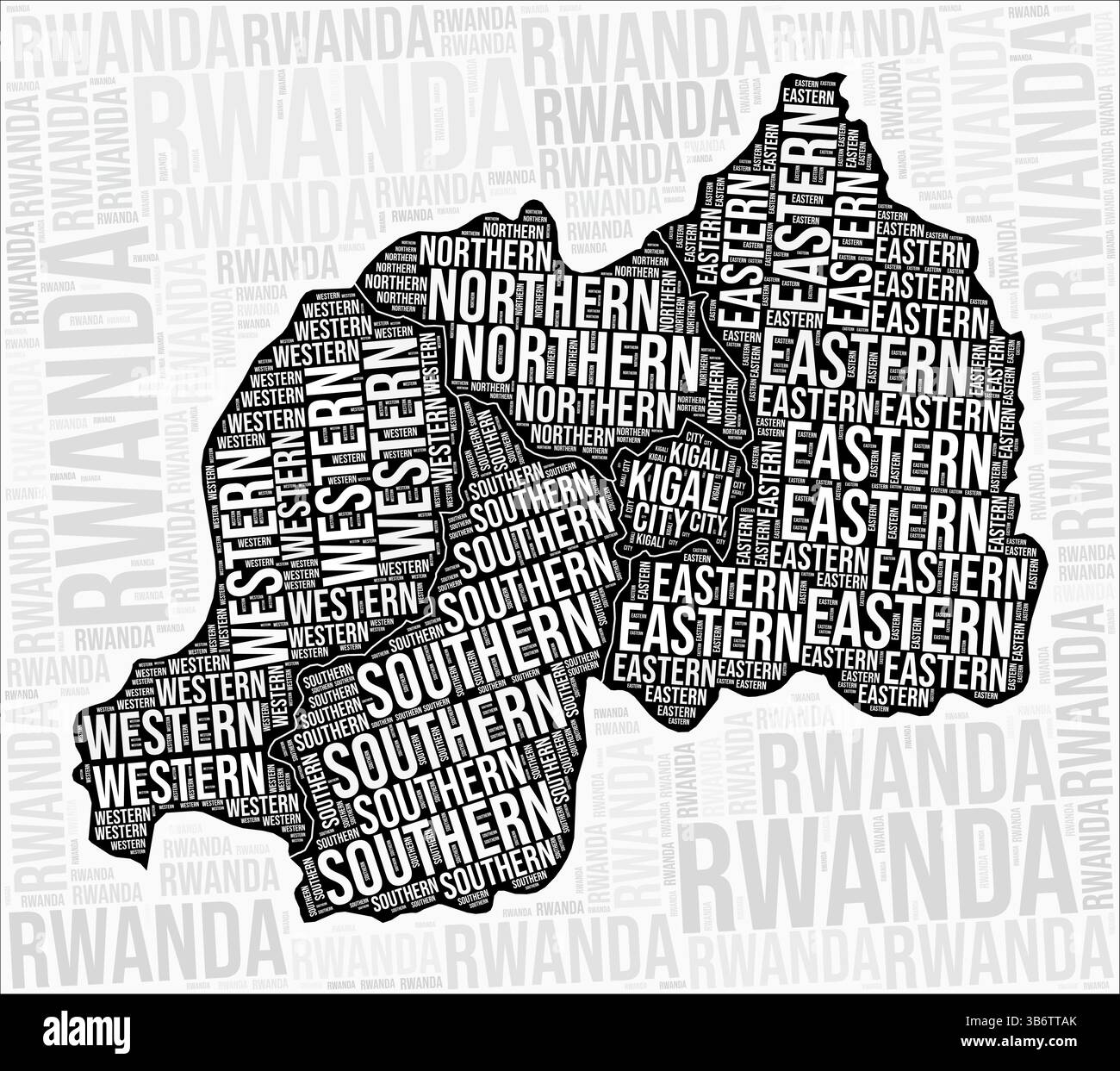 Rwanda regions map word cloud. Rwanda region names. Black and white map ...