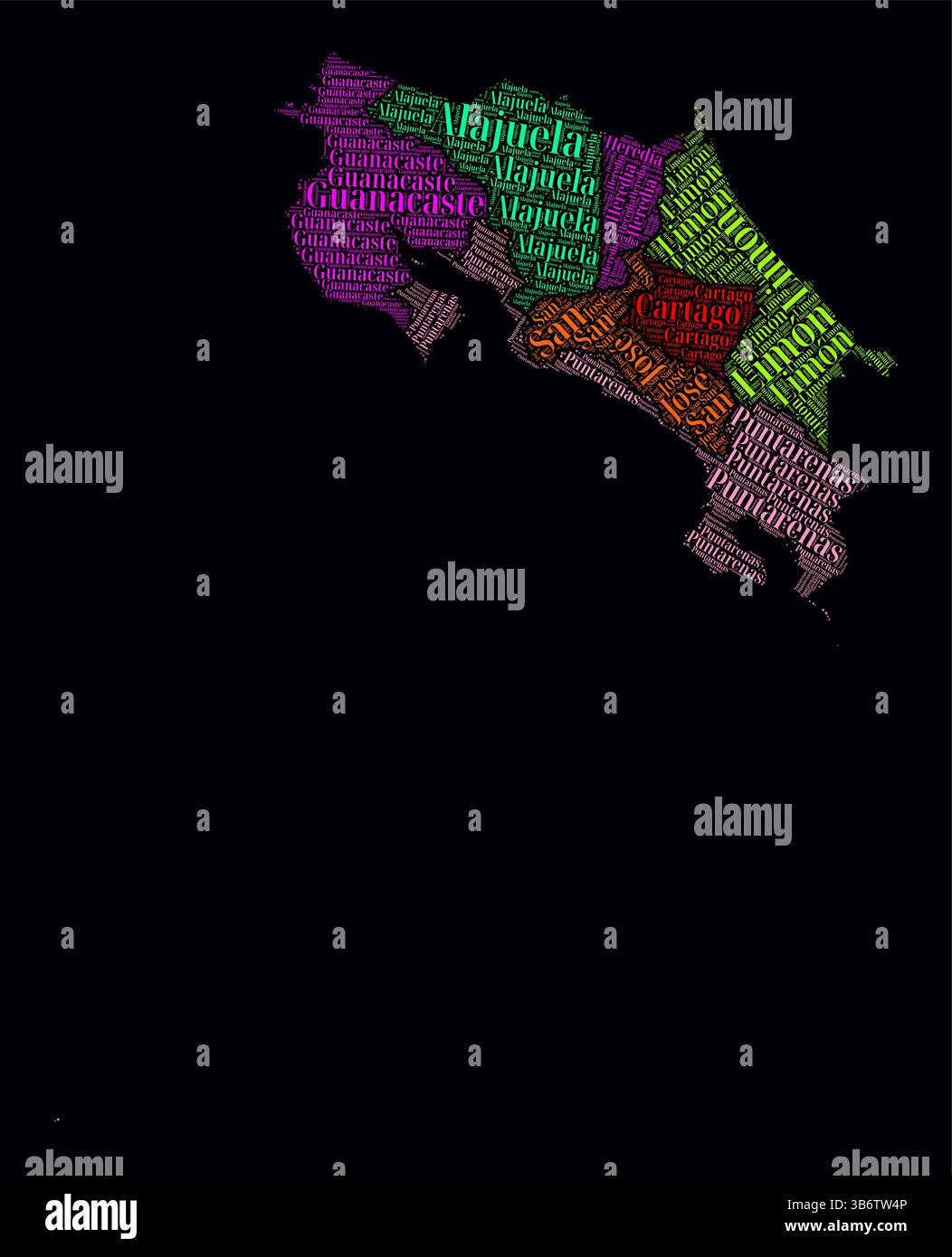 Costa Rica regions word clouds. Bright neon style design on dark ...