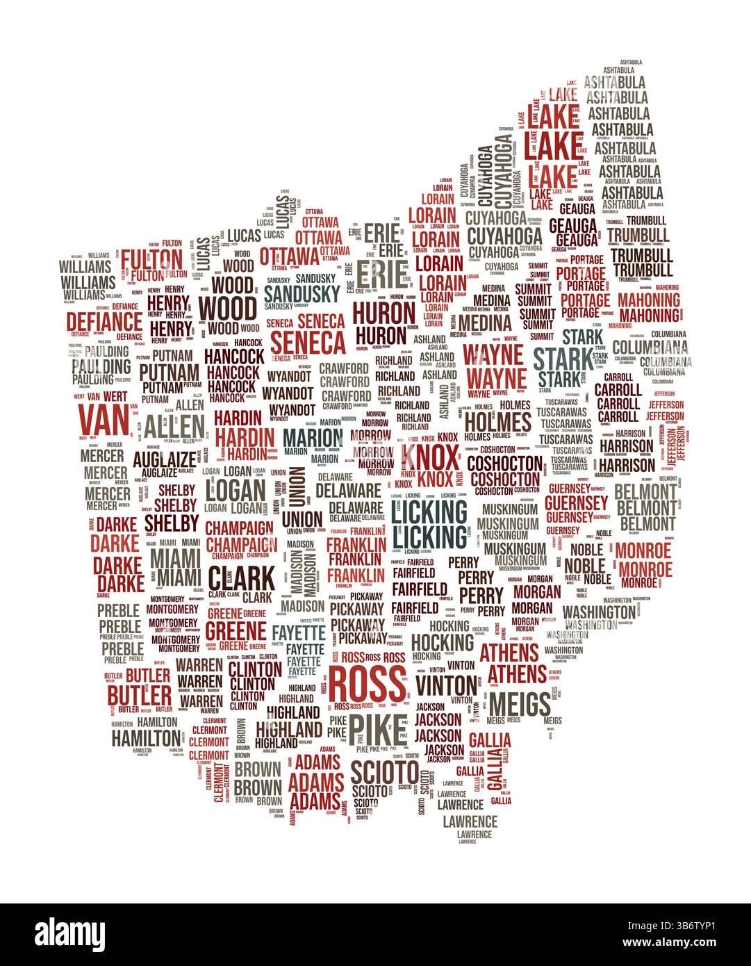 Ohio Word Cloud. State shape with county division. Ohio typography ...