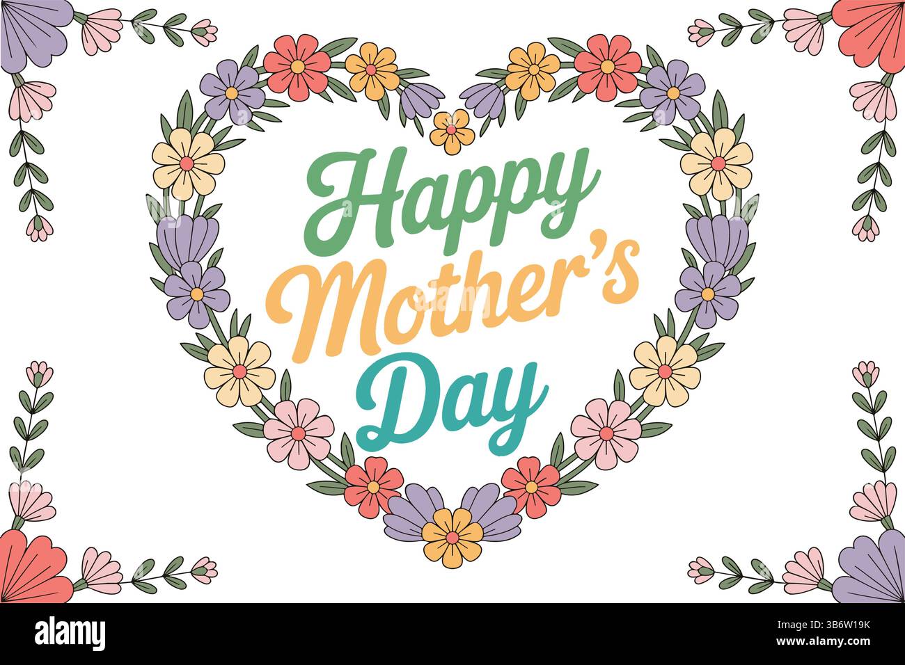 mother’s day vector with pink and purple flowers around heart-shaped ...