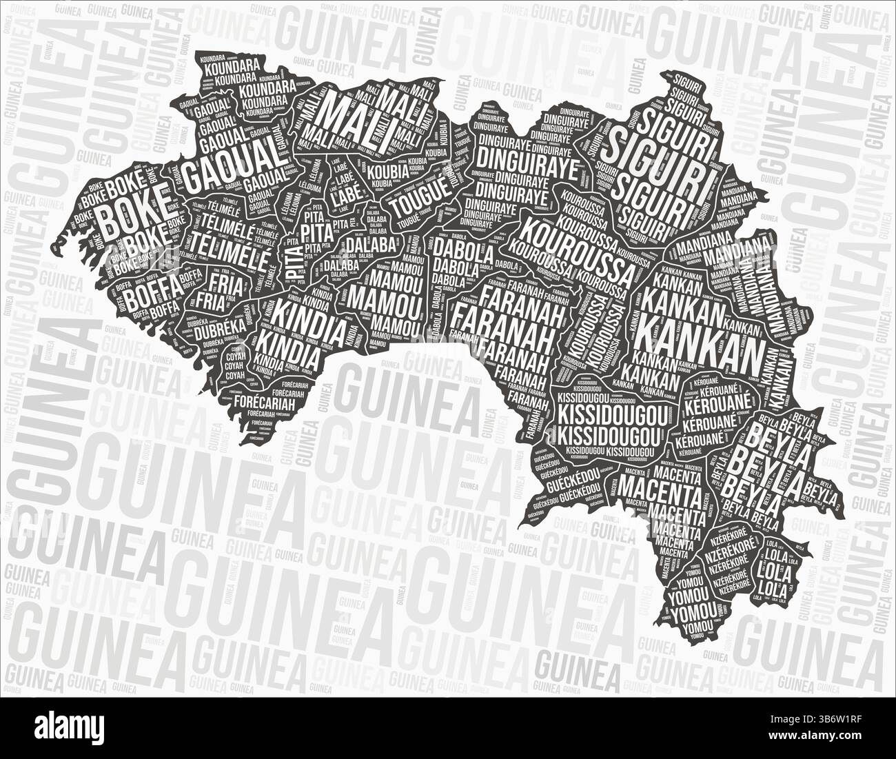 Guinea regions map word cloud. Guinea region names. Black and white map ...