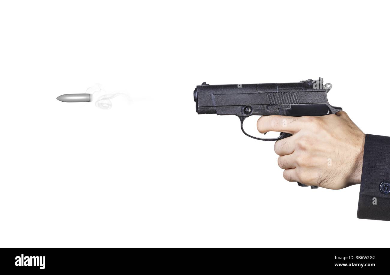 Mans hand shot from a gun. Bullet flying in slow motion Stock Photo - Alamy