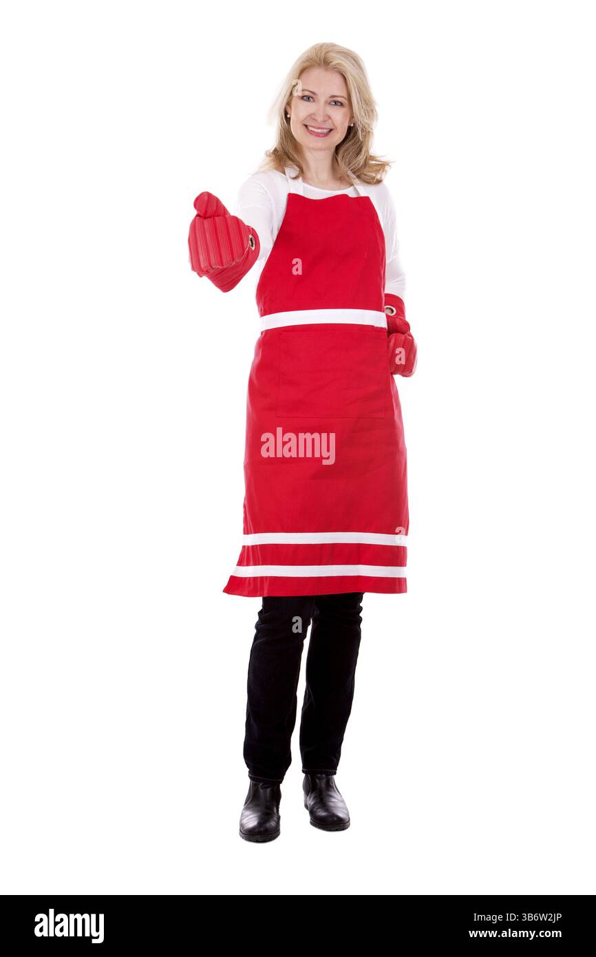 Blond woman wearing red apron on white isolated background, Toronto ...