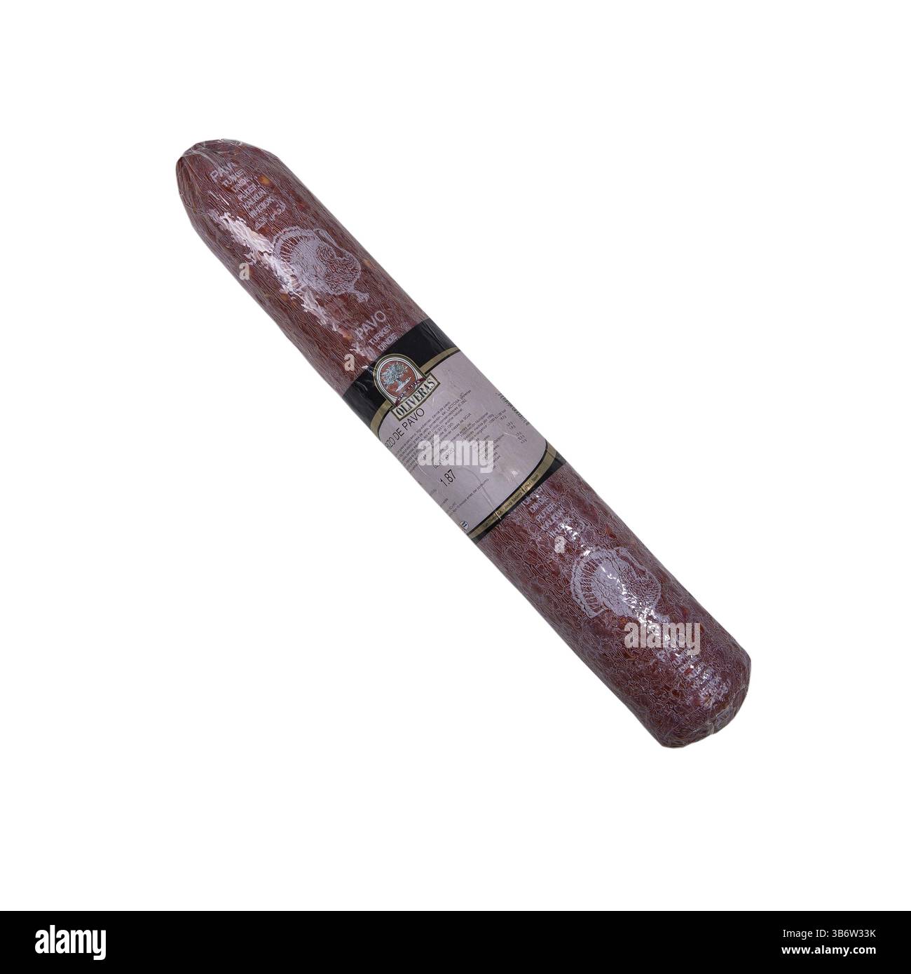 Sausage loaf. Dry salami sausage stick isolated on white. Italian ...