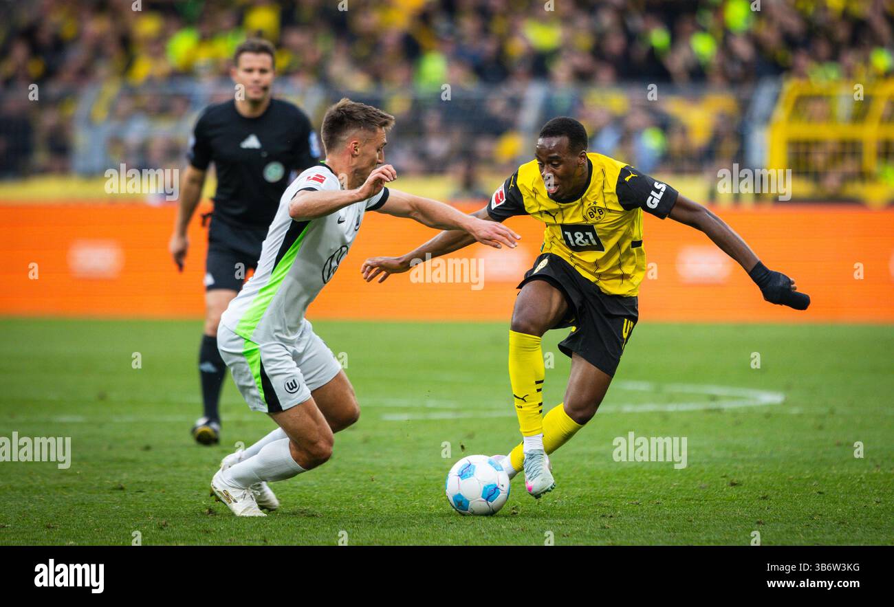 Dortmund, Germany. 03rd May 2025. Jamie Gittens (BvB) Kilian Fischer ...