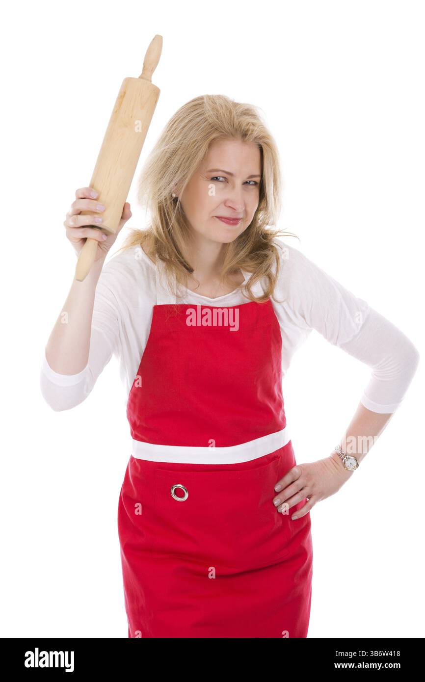 Blond woman wearing red apron on white isolated background, Toronto ...