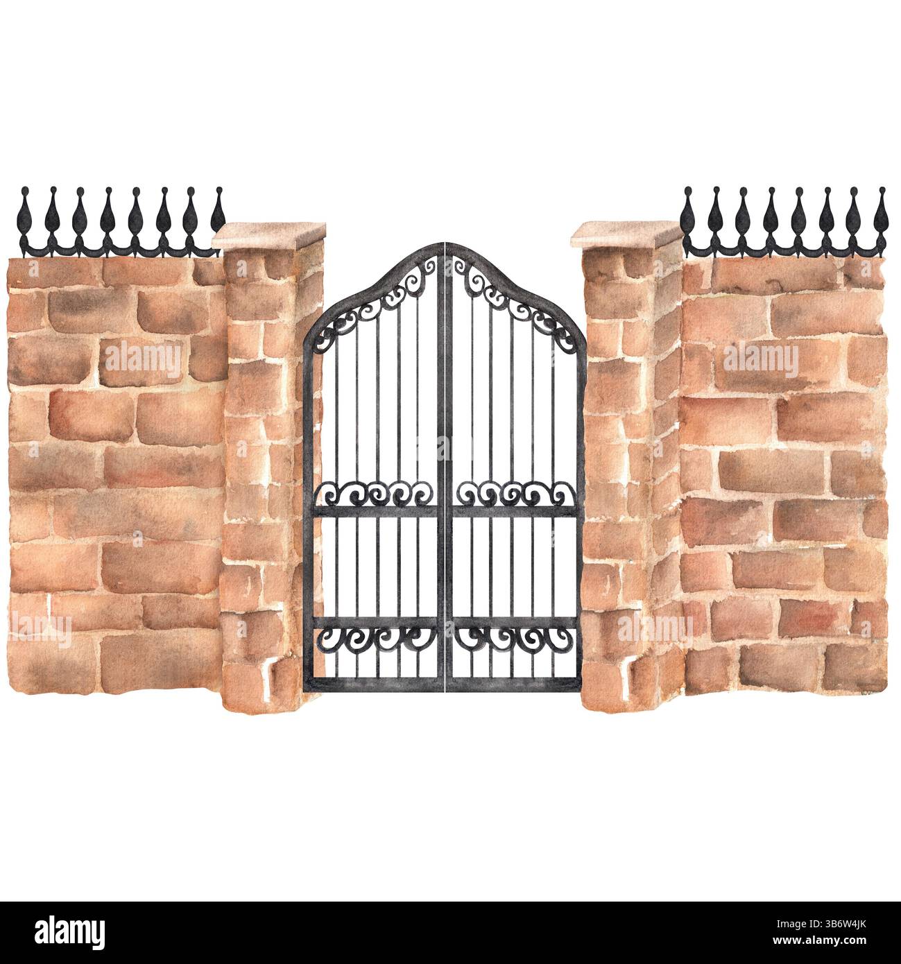 Red brick wall with pillars and black openwork iron gates. Old garden ...