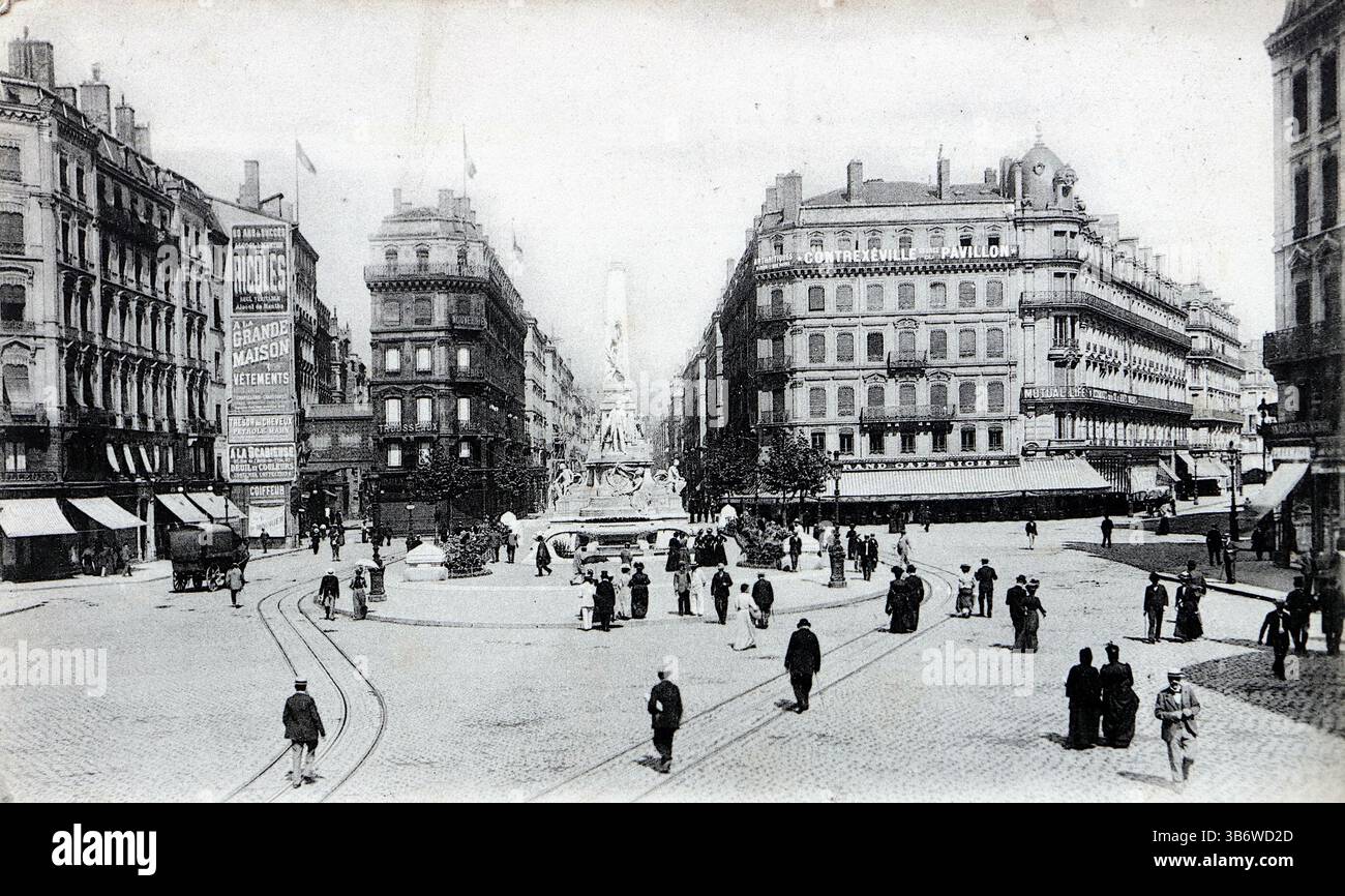 The Statue of Carnot, commercial buildings, pedestrians and tramlines ...