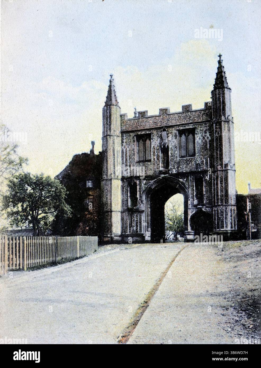 St. John’s Abbey gateway in Colchester, England. An arched gate flanked ...