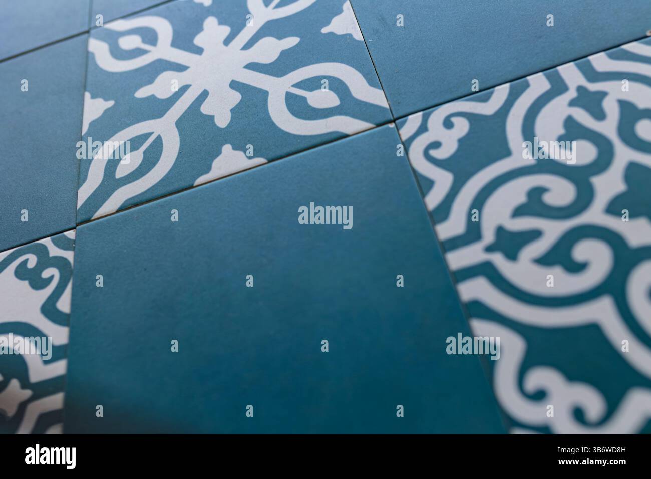 Teal and white encaustic cement tiles form an elegant, decorative floor ...