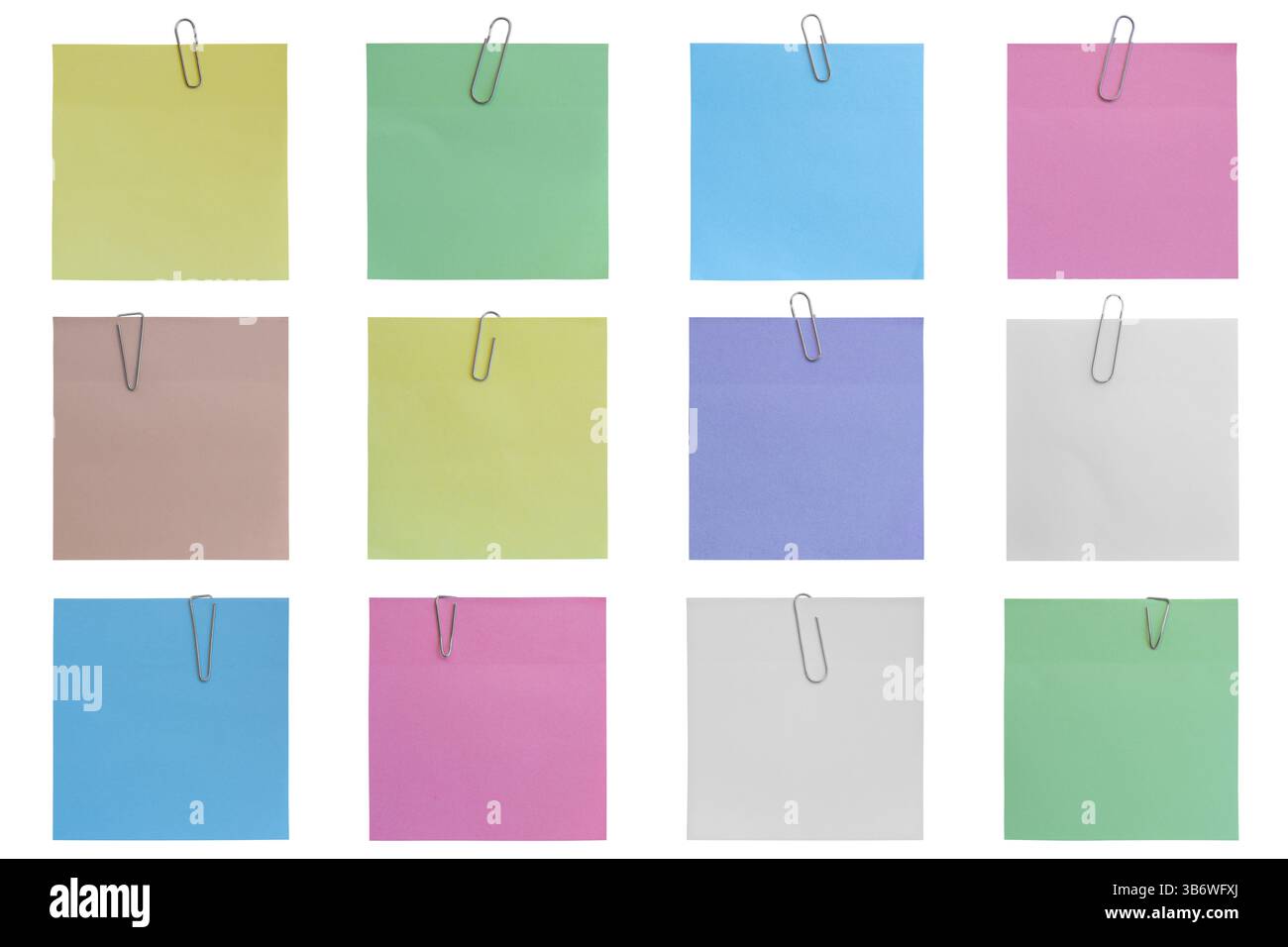 Twelve colorful sticky notes attached with paperclips on a white ...
