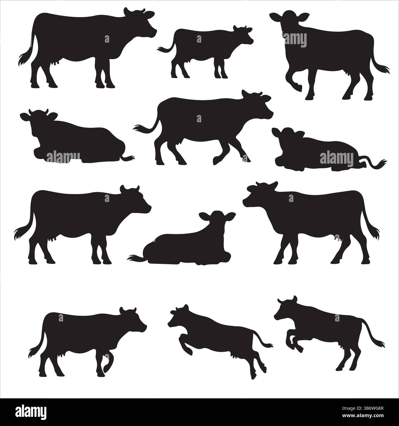 set of cow vector silhouettes, set of different style cow, Dairy farm ...
