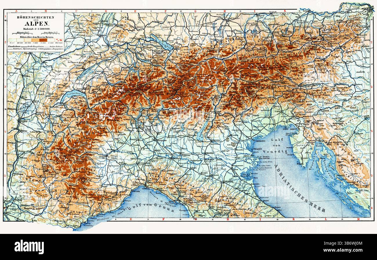 Elevation zones of the Alps with color-coded contour lines and ...