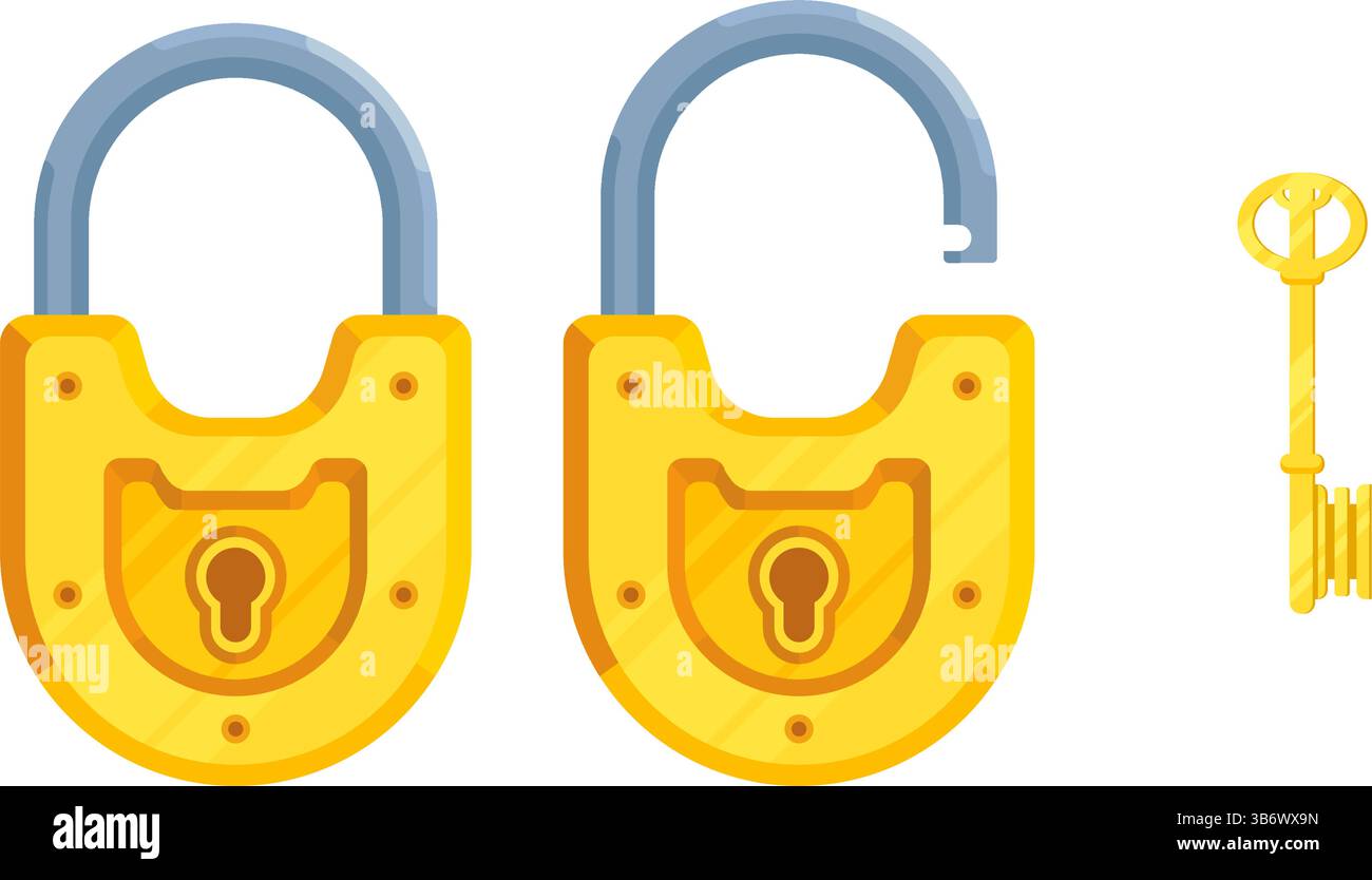 Illustration of a key with open and closed semi-circular lock. Set of ...