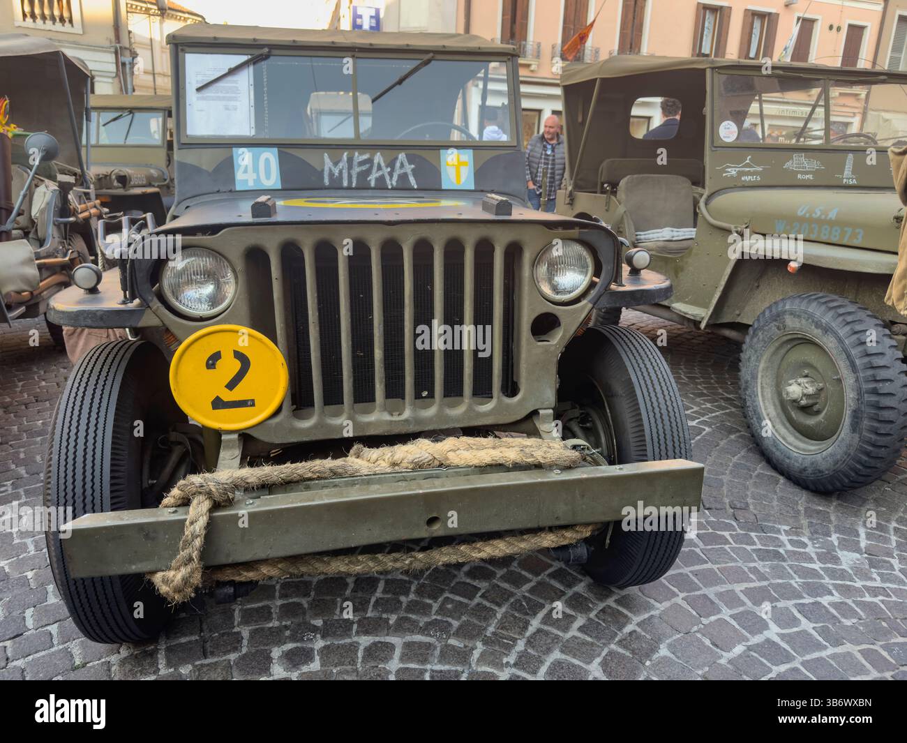 Rome, italy 4 may 2025: restored military willys jeeps are parked in a ...