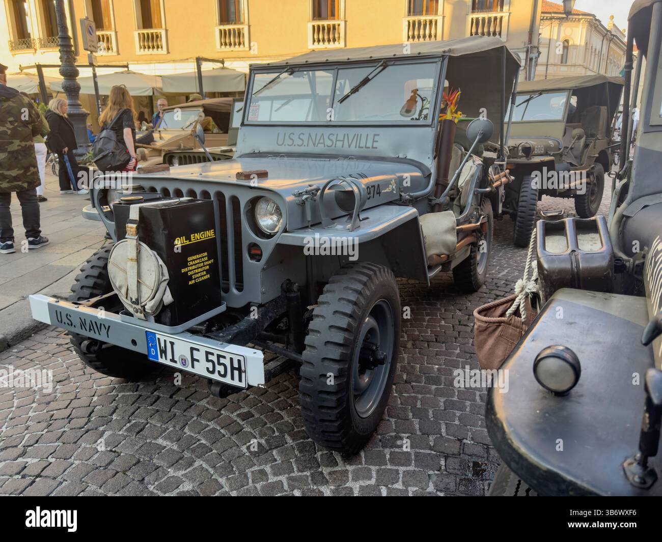 Rome, italy 4 may 2025: restored willys jeep bearing u.S. Navy markings ...