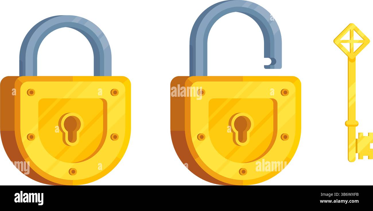 Illustration of a key with open and closed semi-circular lock. Set of ...