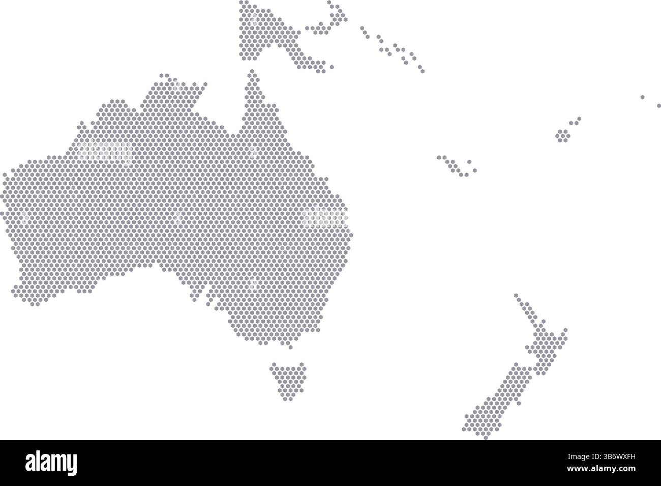Stylized map of the continent Oceania consisting of hexagons. A map of the continent in a simple ...