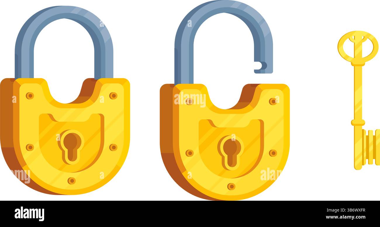 Illustration of a key with open and closed semi-circular lock. Set of ...