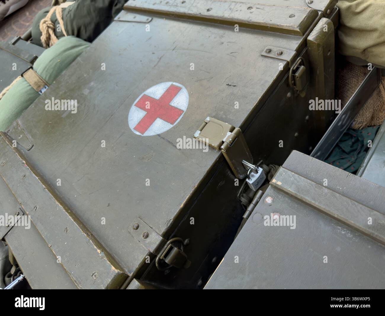 Rome, italy 4 may 2025: close-up of a vintage military medical crate ...