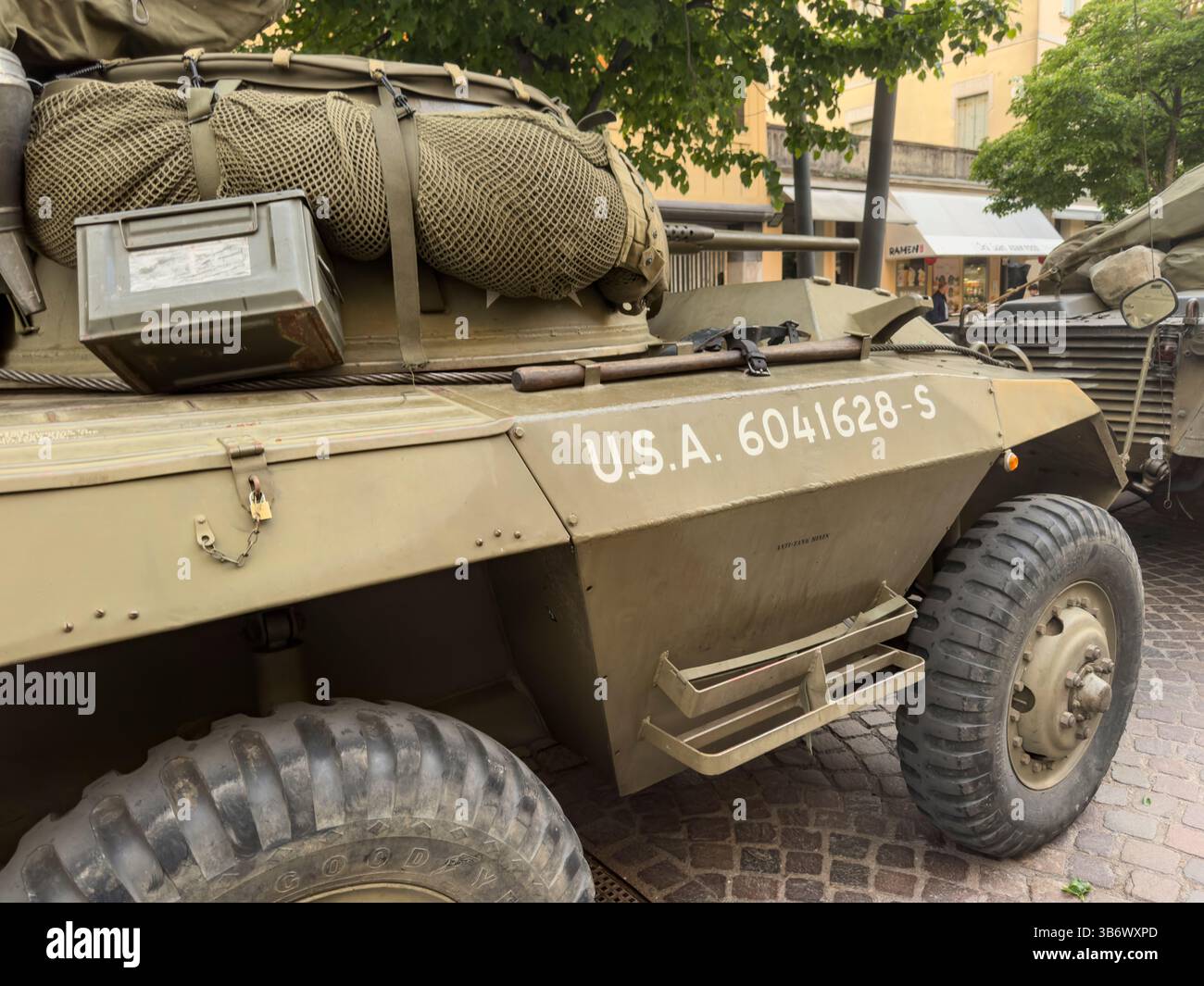 Rome, italy 4 may 2025: close-up of a meticulously restored m20 armored ...