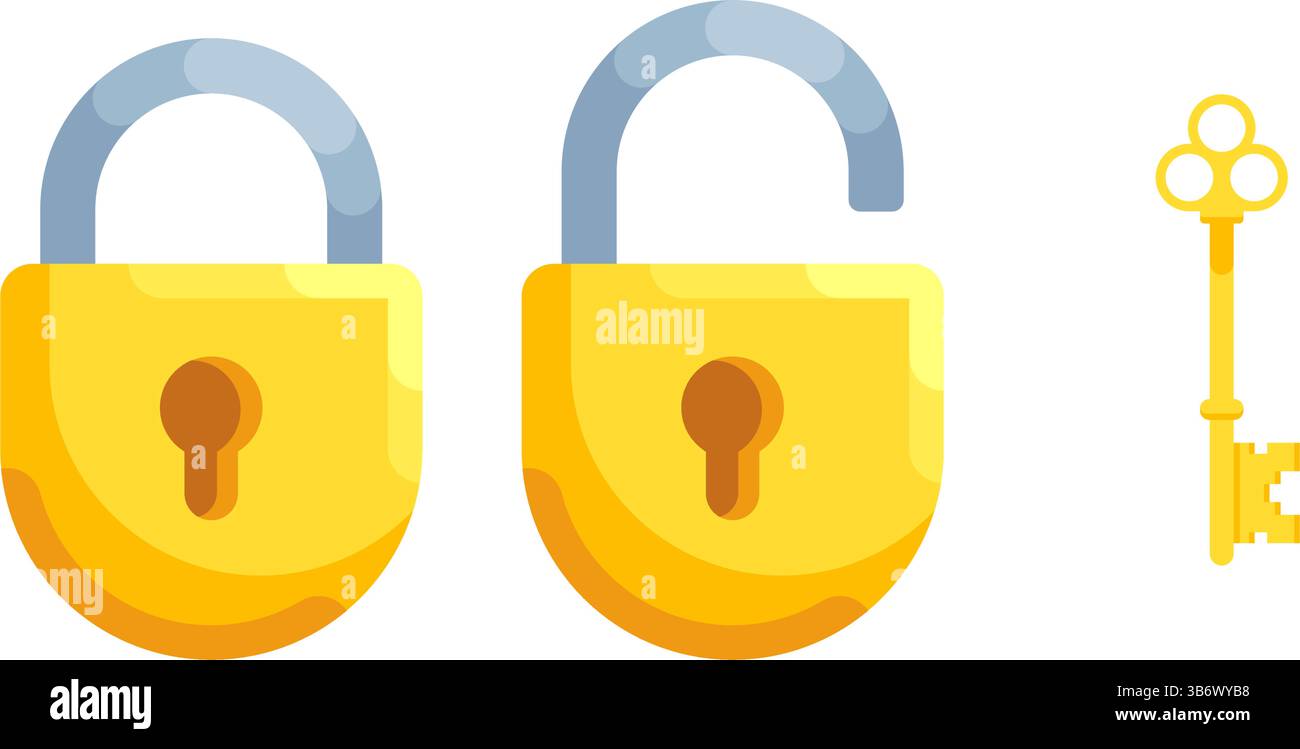 Illustration of a key with open and closed semi-circular lock. Set of ...