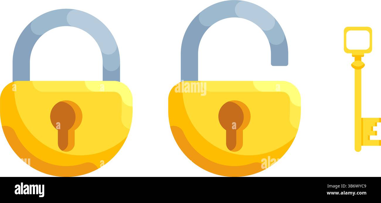 Illustration of a key with open and closed semi-circular lock. Set of ...