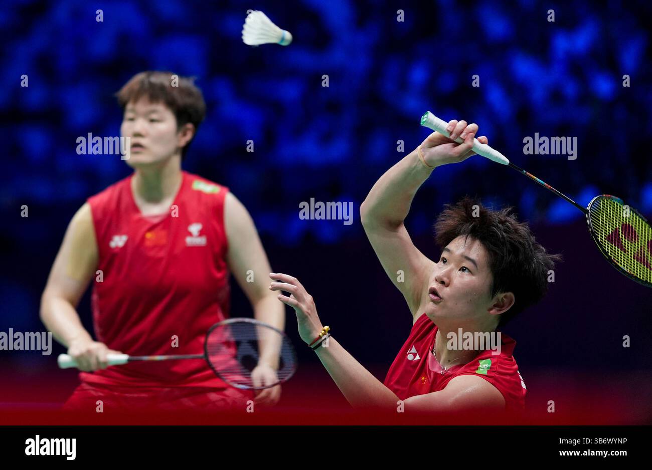 (250504) -- XIAMEN, May 4, 2025 (Xinhua) -- Liu Shengshu/Tan Ning(R) of China compete in the ...
