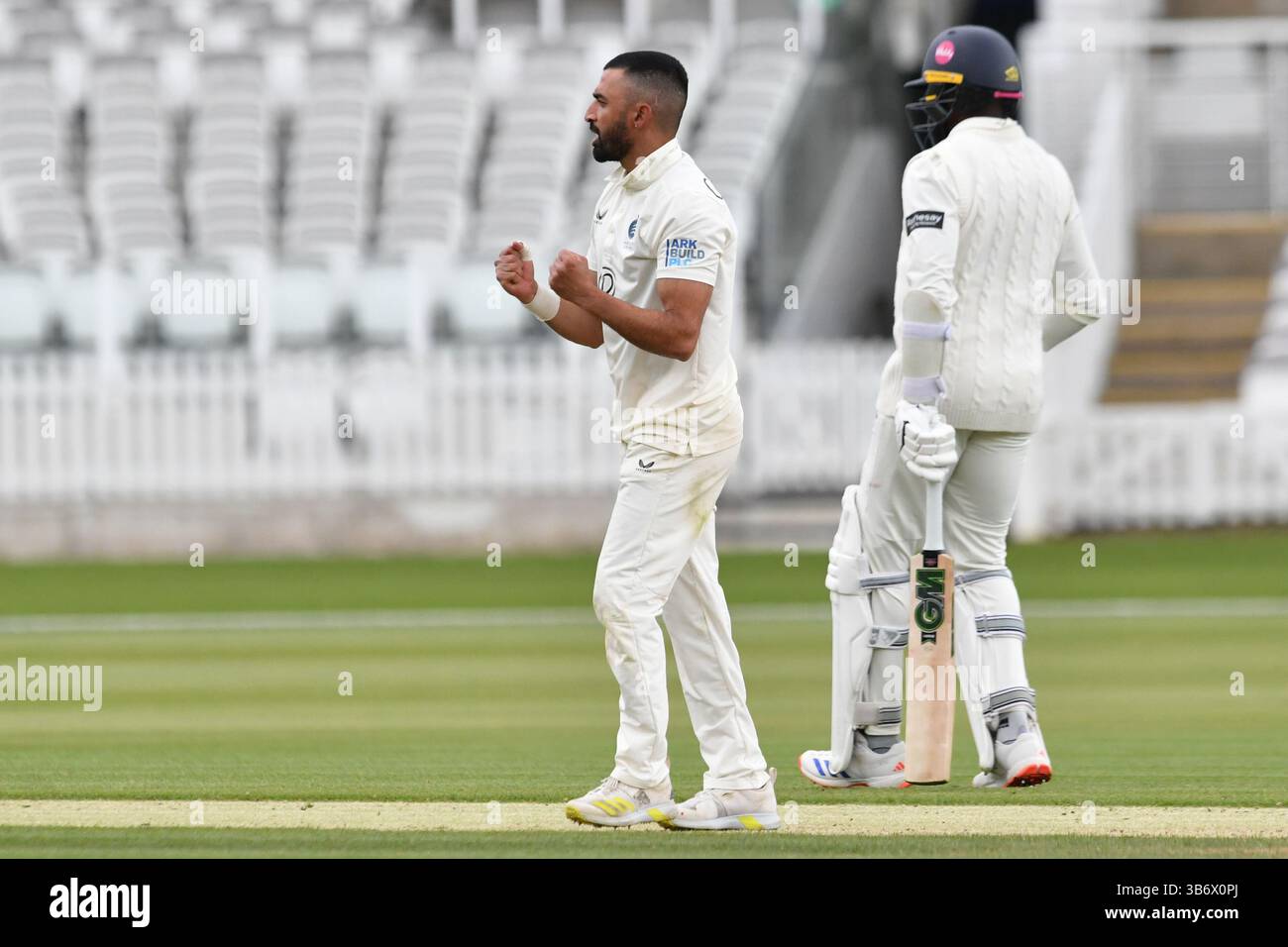 London, England. 4th May 2025. Zafar Gohar celebrates taking the wicket ...