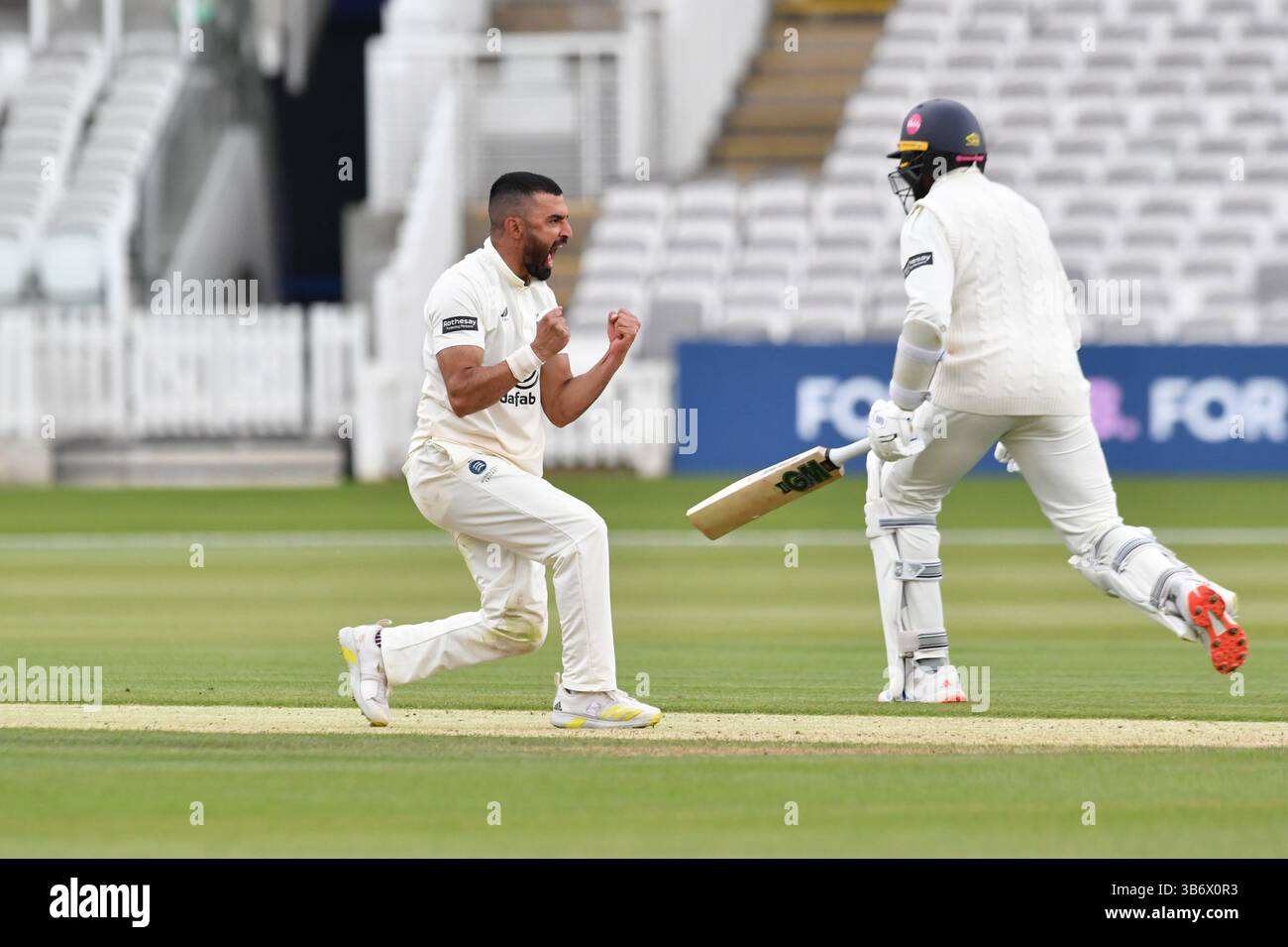 London, England. 4th May 2025. Zafar Gohar celebrates taking the wicket ...
