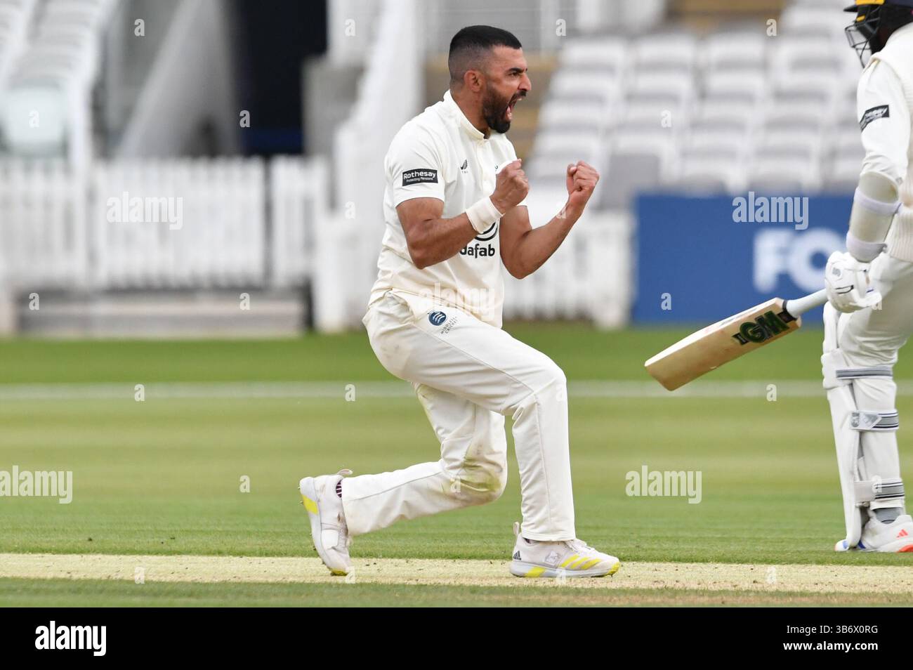 London, England. 4th May 2025. Zafar Gohar celebrates taking the wicket ...