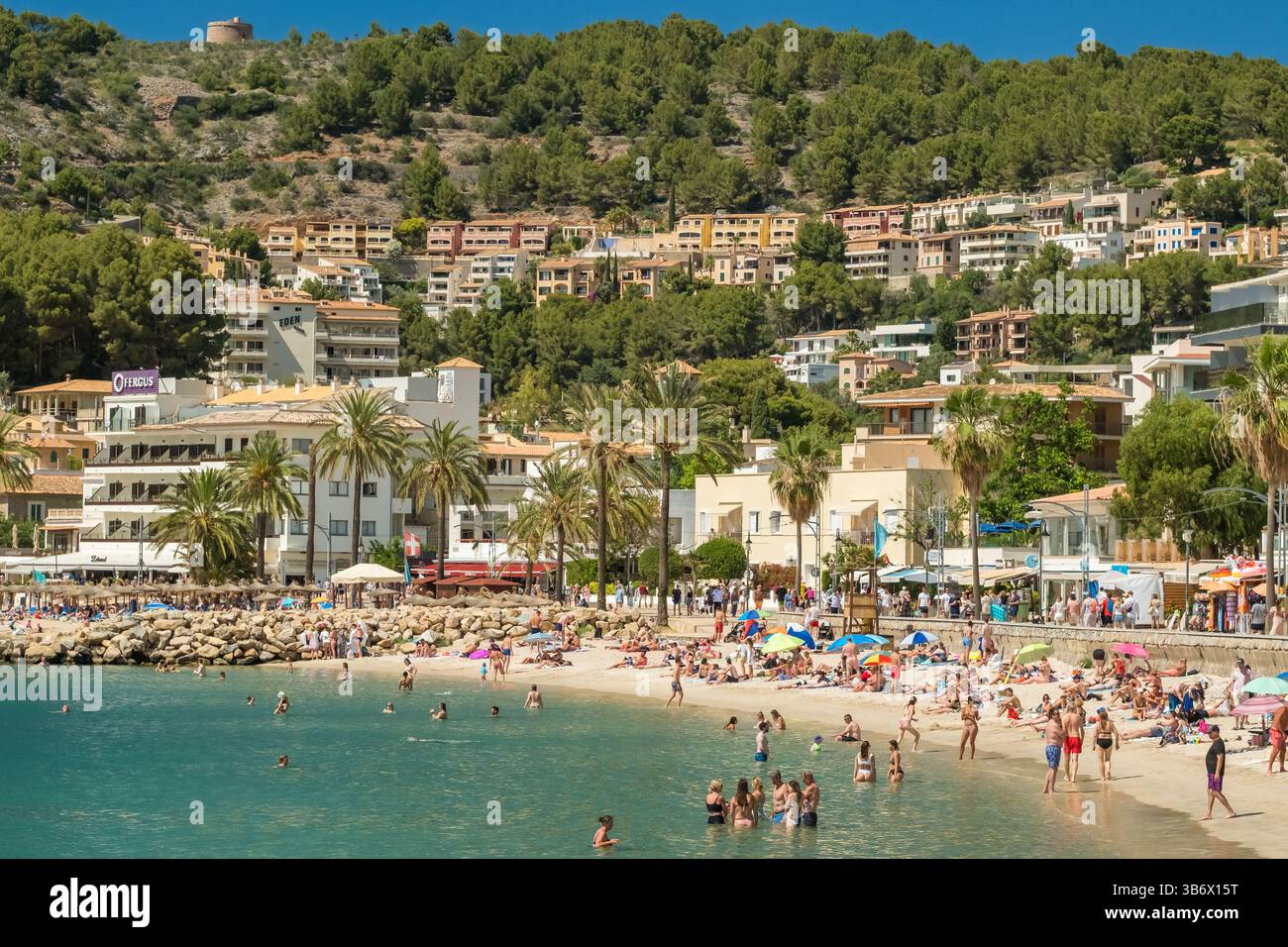 Beautiful beach in the Port de Soller resort town in Mallorca, Spain ...