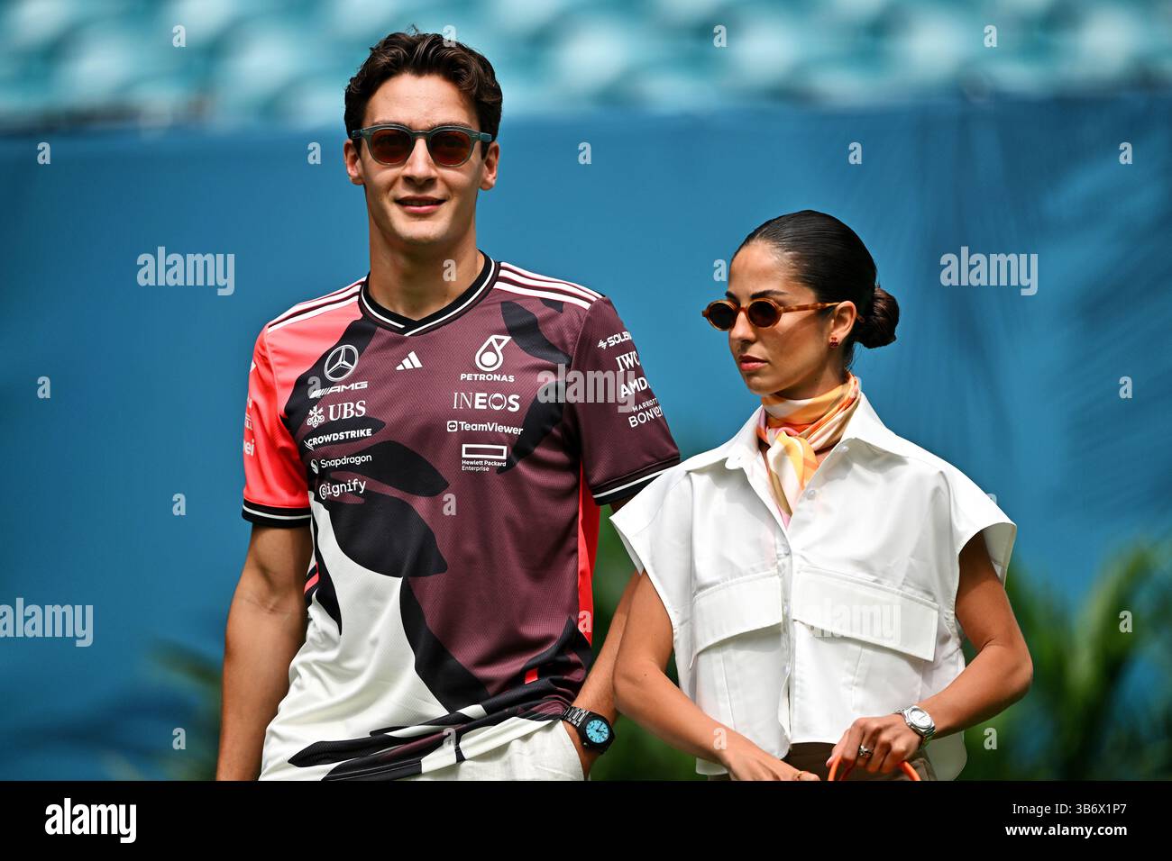 Miami, USA. 04th May, 2025. (L to R): George Russell (GBR) Mercedes AMG ...