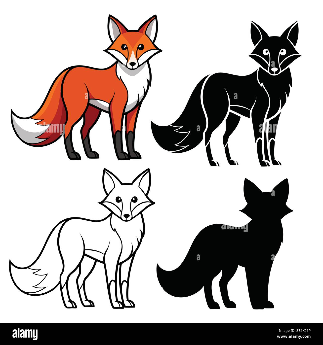 Six Fox Illustrations Orange, White, and Black Silhouettes Stock Vector ...
