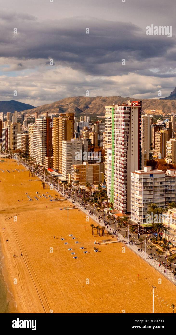 A scenic aerial panorama of Benidorm’s iconic beaches during winter ...