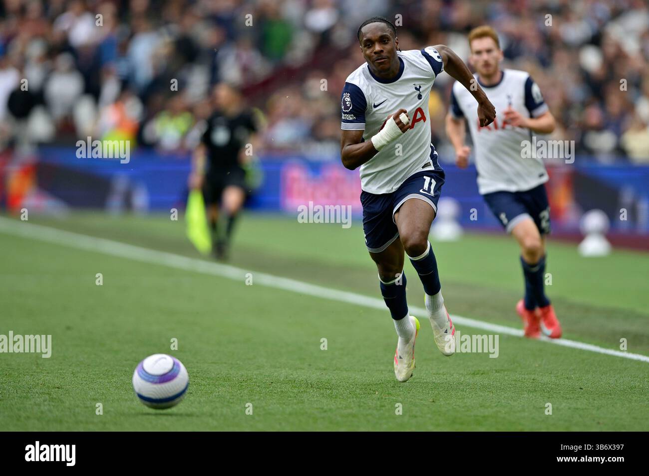 London, UK. 4th May, 2025. Mathys Tel (Spurs) during the West Ham vs ...