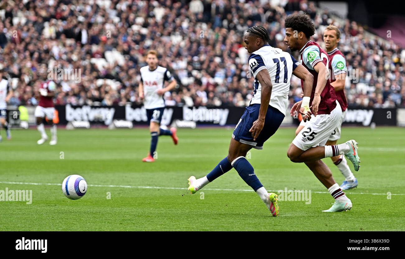 London, UK. 4th May, 2025. Mathys Tel (Spurs) has a shot during the ...