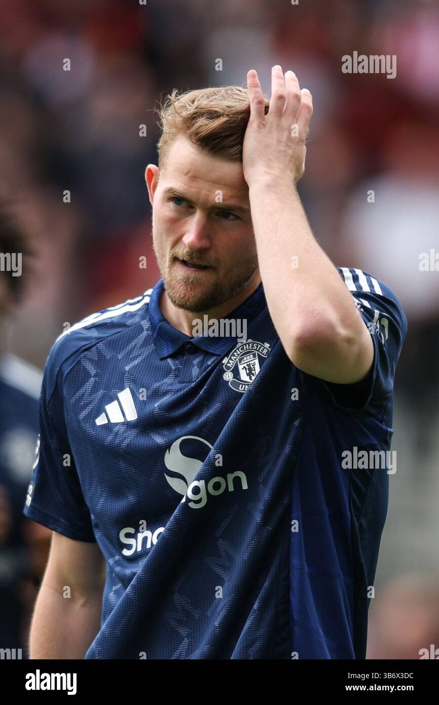 LONDON, UK - 4th May 2025: Matthijs de Ligt of Manchester United reacts ...