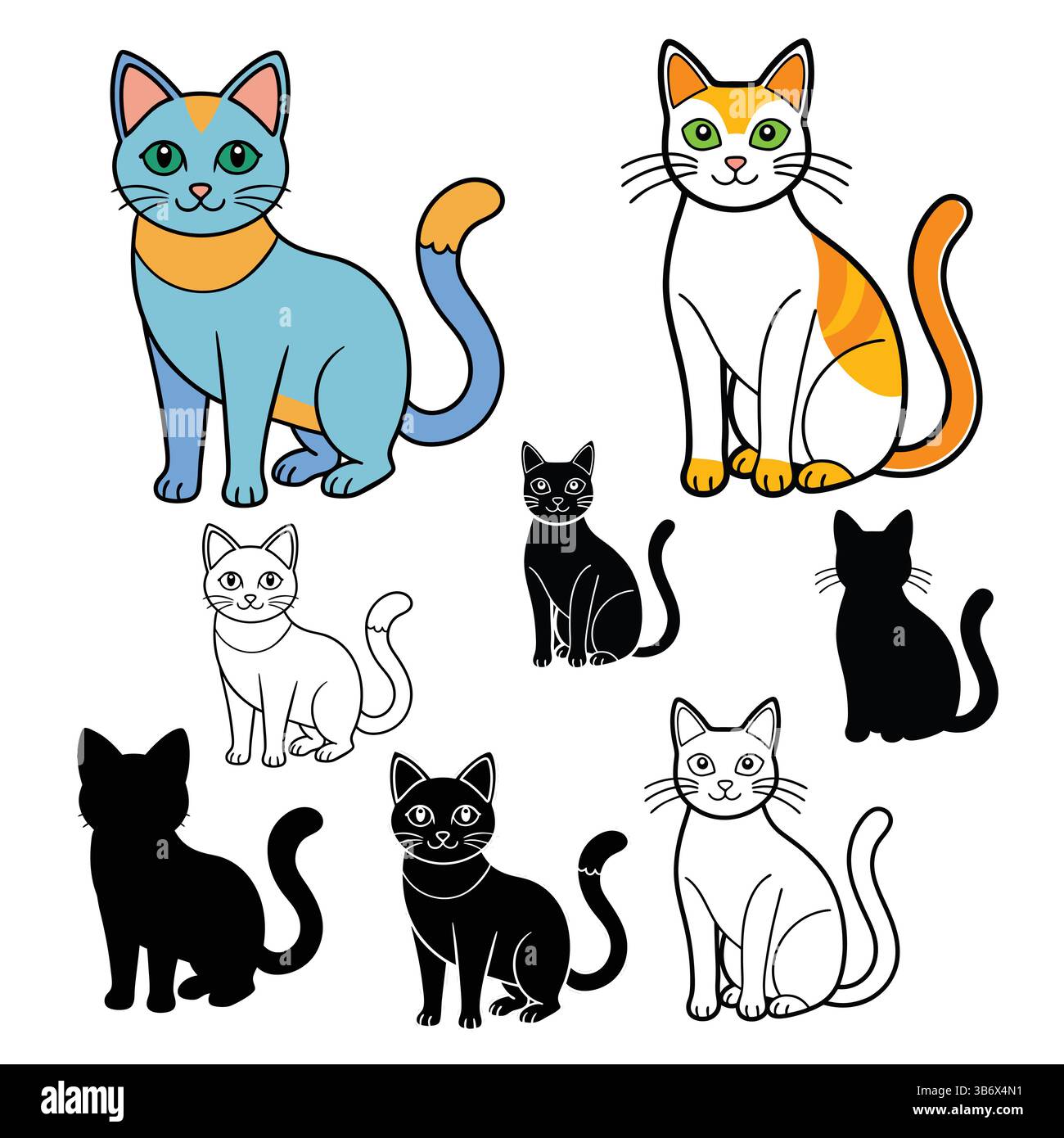Cute Cartoon Cats Collection in Various Colors and Styles Stock Vector ...