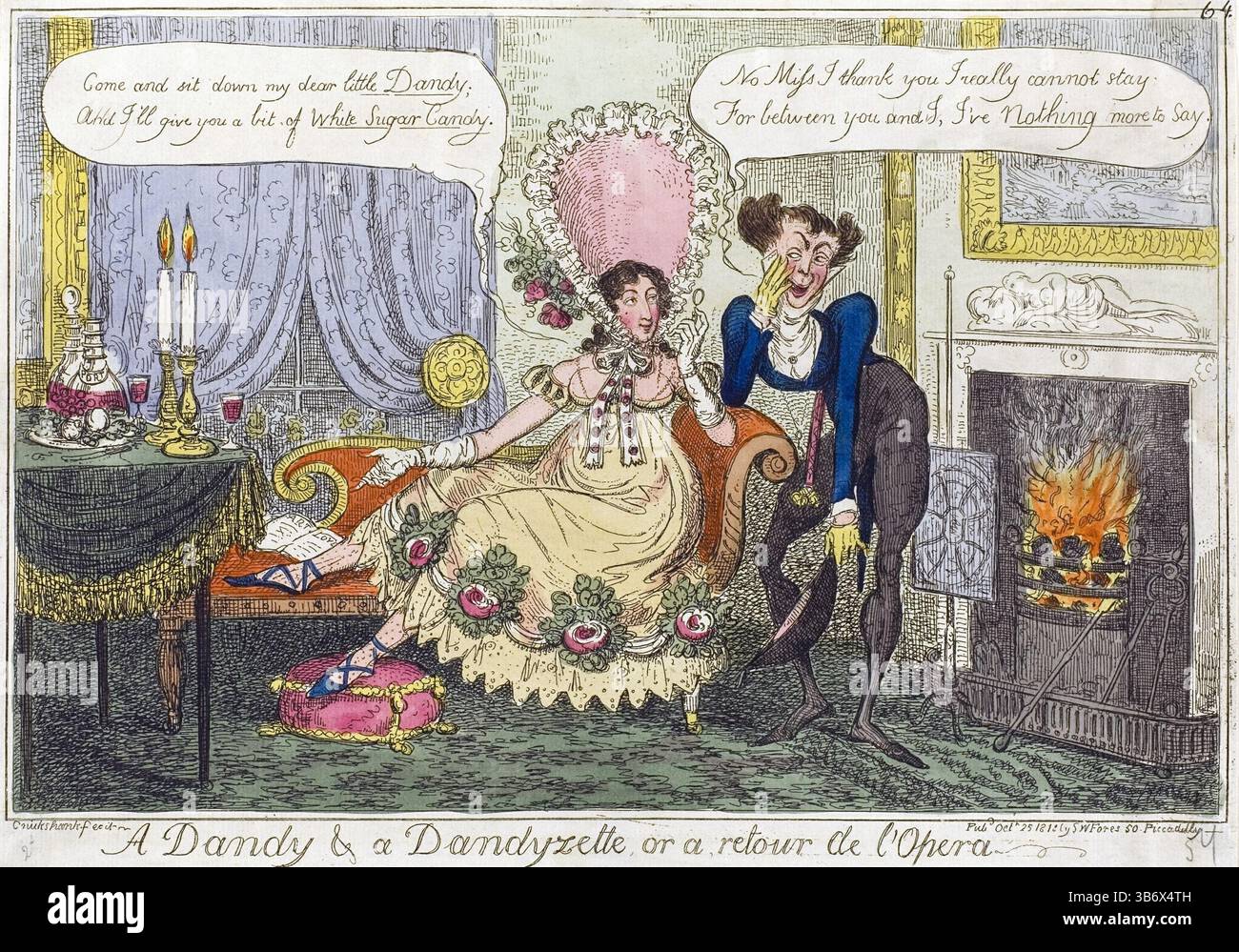hand coloured etching A dandy and dandyzette 1818, by George Cruikshank ...