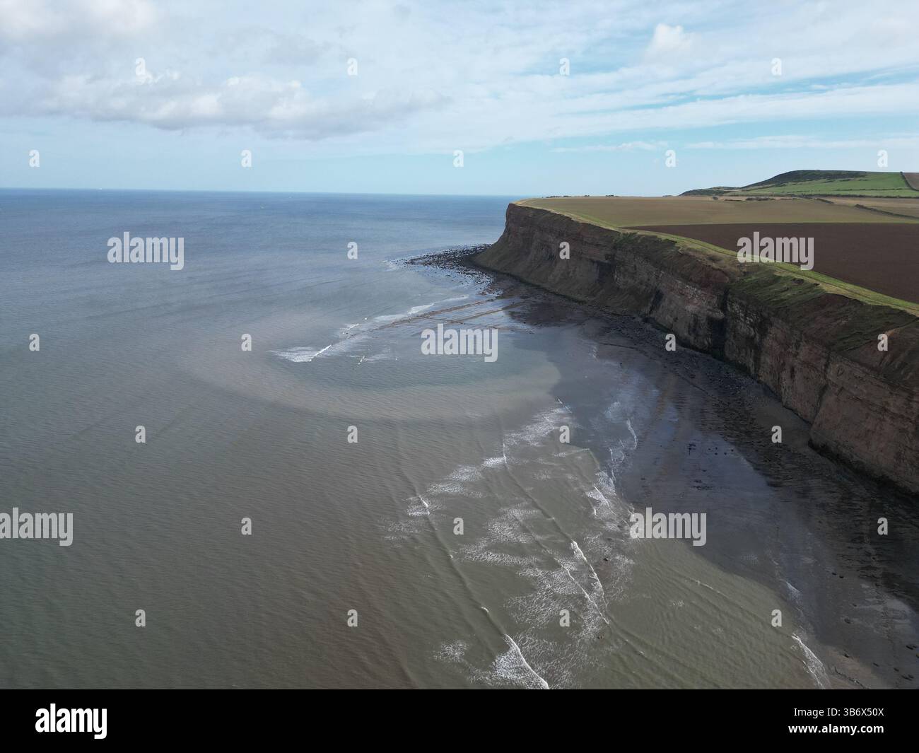Aerial view of Saltburn Beach, North Yorkshire, showing dramatic cliffs ...